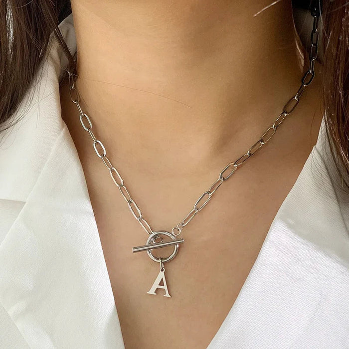 Paperclip Chain Initial & Circle Lock Necklace | White Gold
